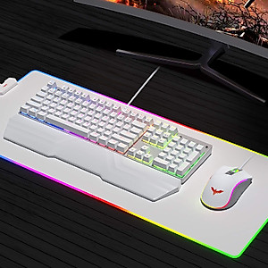 Havit Mechanical Keyboard and Mouse Combo RGB Gaming 104 Keys Blue Switches Wired USB Keyboards with Detachable Wrist Rest, Programmable Gaming Mouse for PC Gamer Computer Desktop (White)