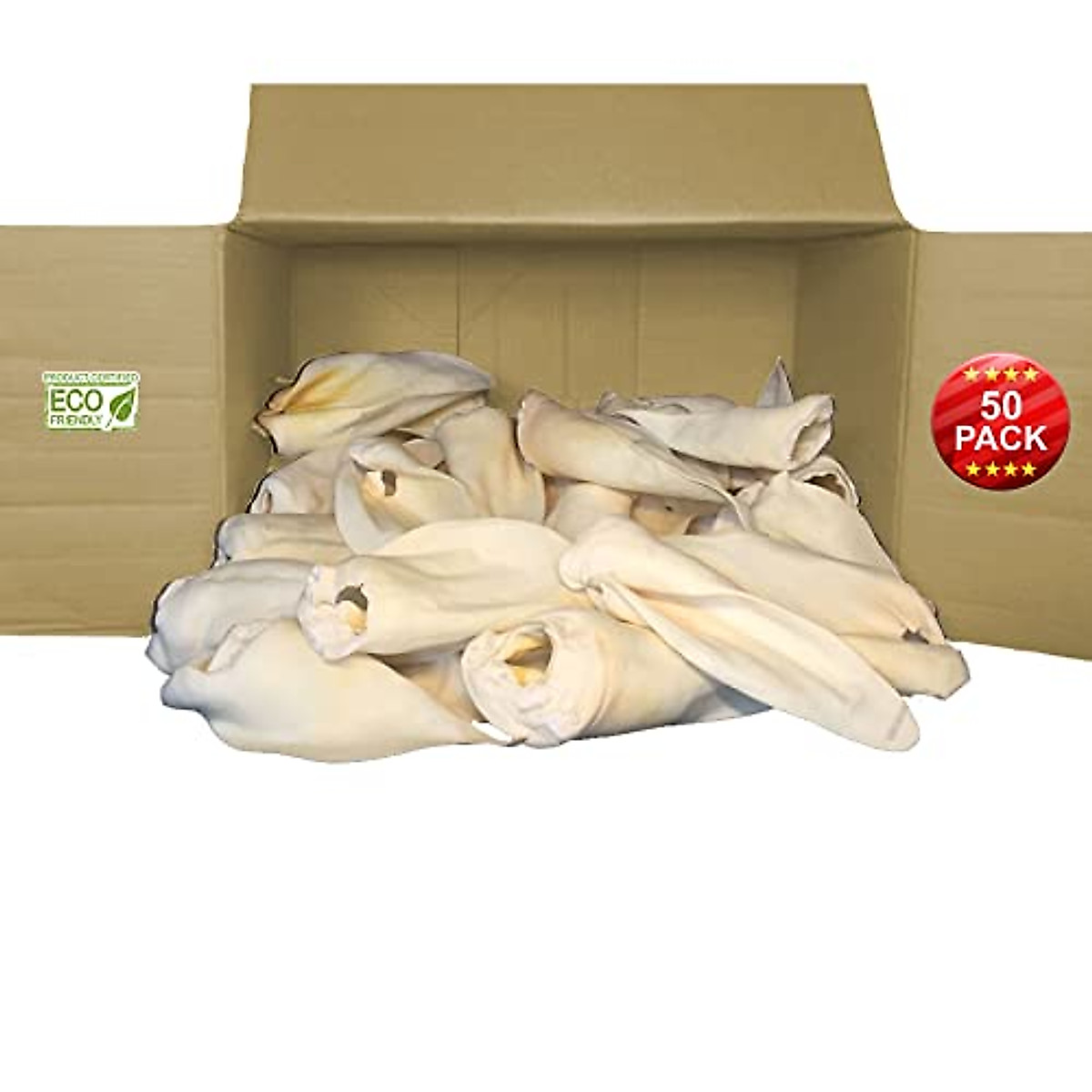 Brazilian Pet 100% Natural - Over 6 inches- Real Cow Ears (50 Pack) Prime Dog Chews, Free Range Grass Fed Cattle