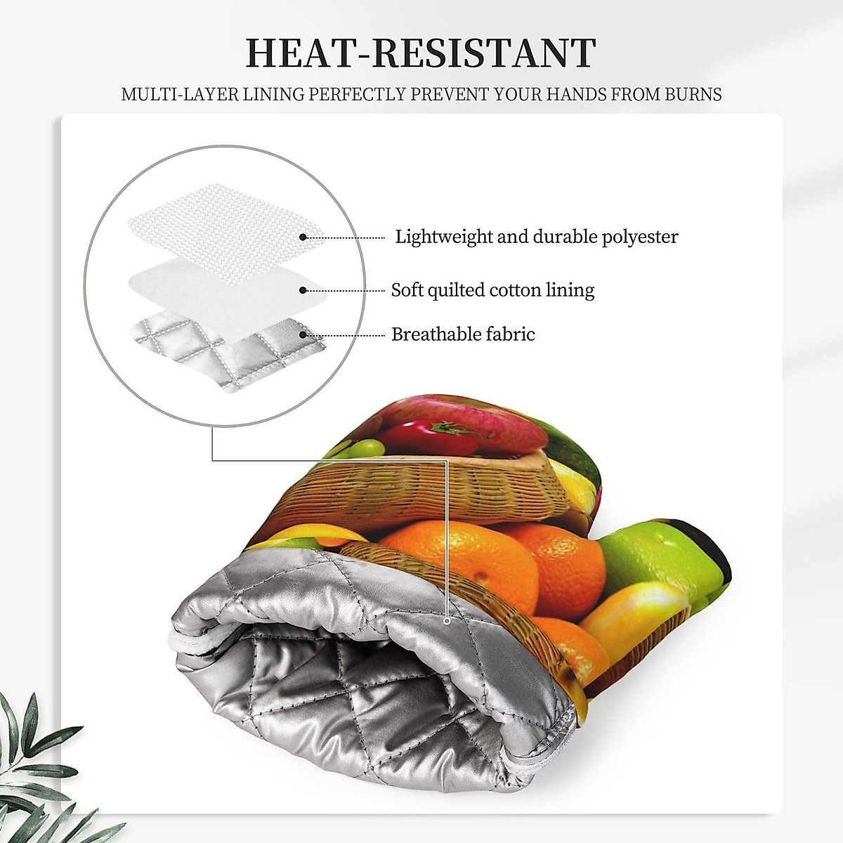 Variety Fresh Vegetables Fruits Silicone Oven Mitts Pot Holder Sets 2pcs Cute Design Washable Non Slip Kitchen Heat Resistant Mat Women's Cooking Gloves for Baking and BBQ Wear