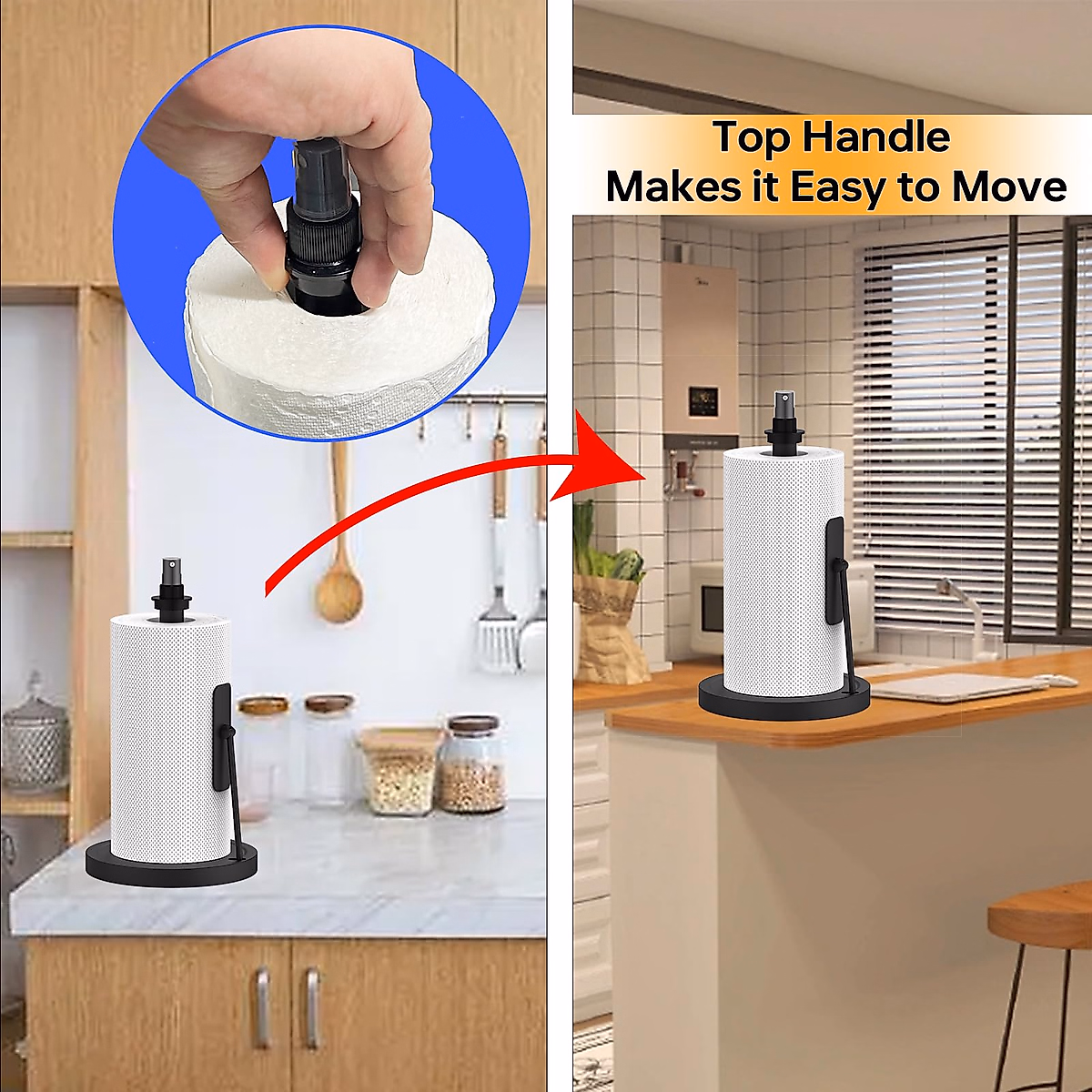 Manduoye 2 in 1 Paper Towel Holder with Spray Bottle, Paper Towel Holder One-Handed Operation with Non Slip Weighted Base, Paper Towel Holder Countertop for Kitchen and Bathroom (Black)