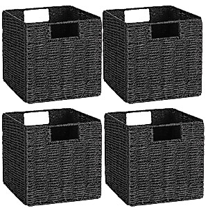 Vagusicc Wicker Storage Basket, Set of 4 [2 Pack 9 Inches+ 2 Pack 11 Inches] Hand-Woven Wicker Baskets for Storage, Foldable Cube Storage Baskets Bins with Handles, Black