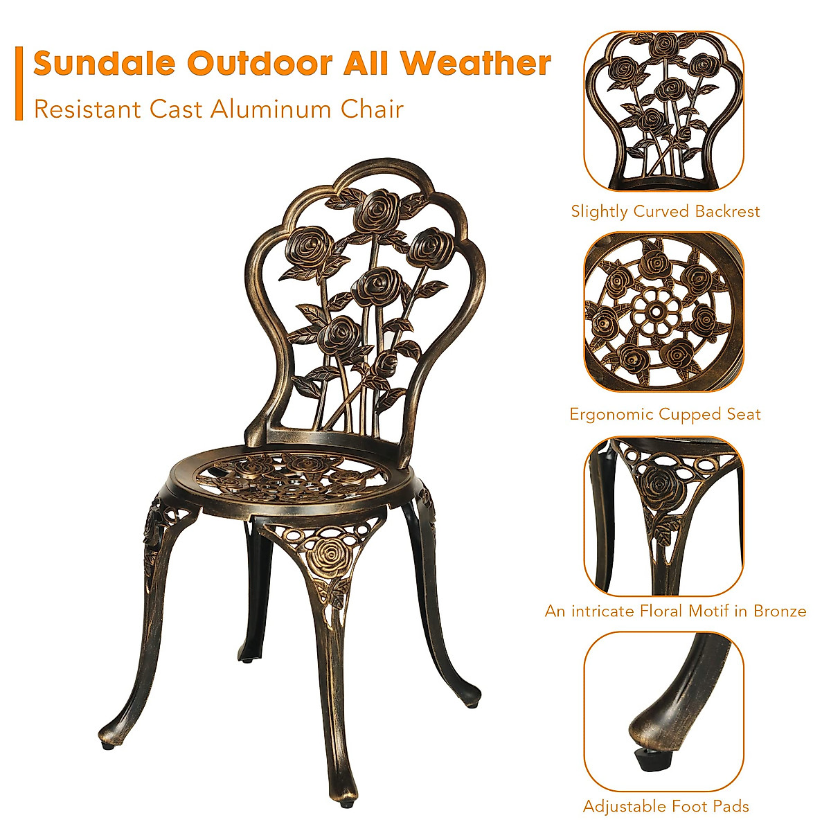 Sundale Outdoor 4 Piece Bistro Set, Cast Aluminum Umbrella Table Chair Loveseat Furniture All Weather Resistant Antique Finish Patio Conversation Set for Balcony Porch Yard Bronze Rose