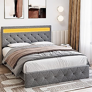 Homhougo Full Bed Frame with LED Lights Headboard, LED Bed Frame with Fast-Charging USB Port, Upholstered Platform Bed Frame, No Box Spring Needed, Easy Assembly, Grey