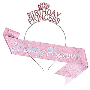 Ondder Birthday Sash for Women Pink Birthday Princess Crown Birthday Tiara for Girls Birthday Girl Headband Happy Birthday Party Supplies Birthday Girl Glitter Sash Birthday Headband Birthday Decorations