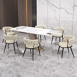 Homedraft Woven Dining Chairs Set of 6, Modern Hand Weaving Dining Chair with Black Metal Legs, Upholstered Club Chairs with Black Frame for Dining Room, Kitchen, Vanity, Beige