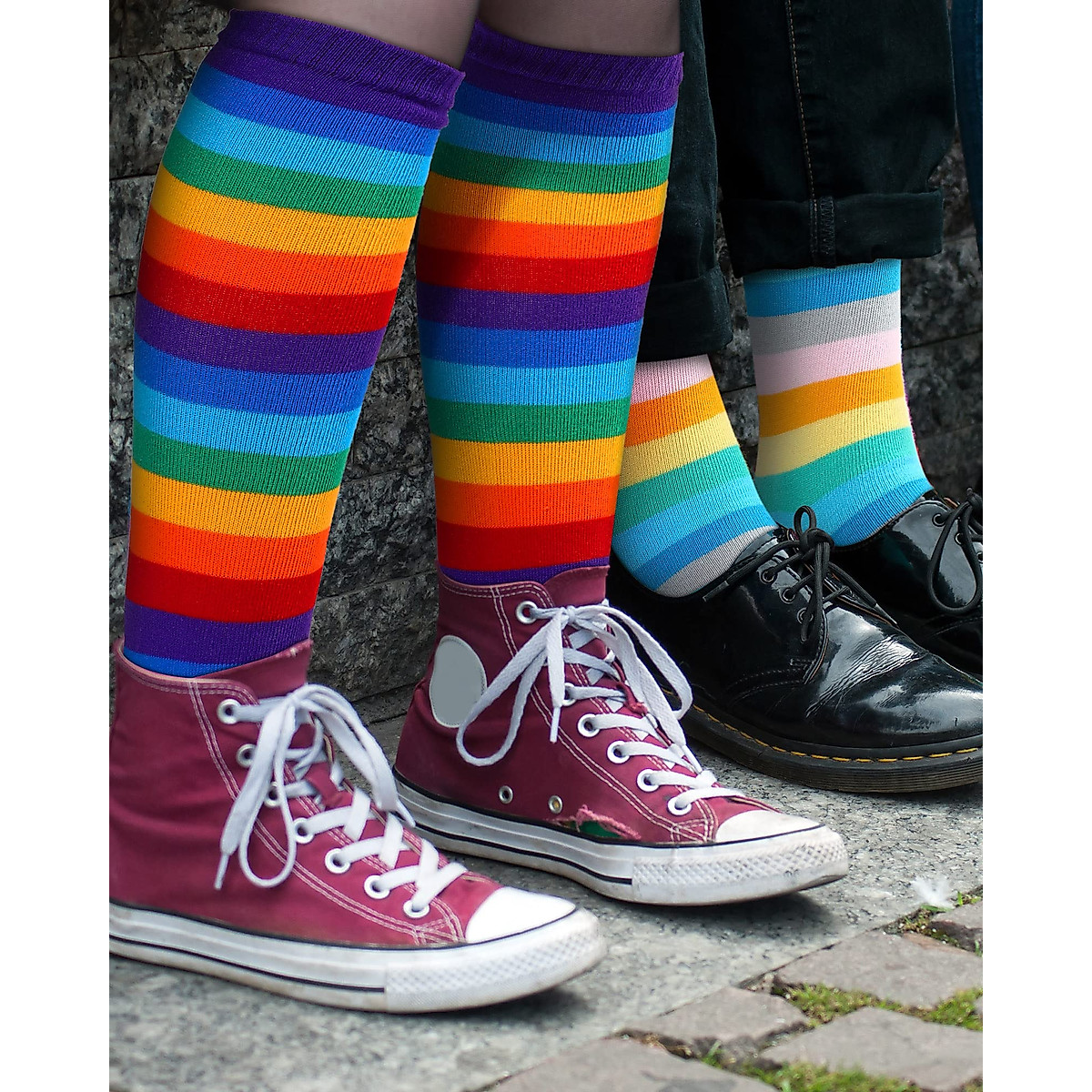 Zhanmai Rainbow Thigh High 5 Toe Socks, 4 Pairs, Cotton, Breathable, Women's, One Size, Striped, Leg Warmers, Fun, Party, Casual