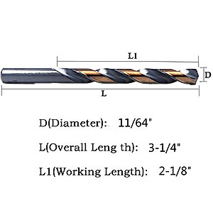 12 PCS, 11/64", Black and Gold Coated Twist Drill Bits