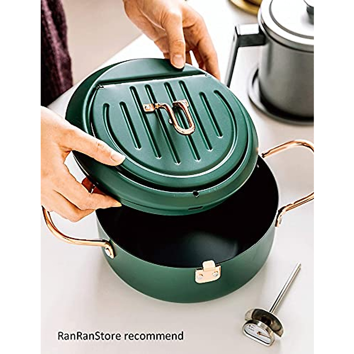 Cyrder Japanese Tempura Deep Fryer Pot with Fahrenheit Thermometer, Nonstick Carbon Steel Oil Fryer, Fried tempura/chicken/fish/shrimp, Easy Clean, Green big tempura pan, 9.5inch