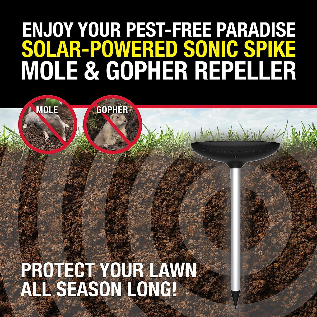 The Giant Destroyer Sonic Spike Mole & Gopher Repeller - Solar Powered Ultrasonic Animal Repellent Spikes - Repels Rodents from Lawn, Garden, & Home (1 Pack)