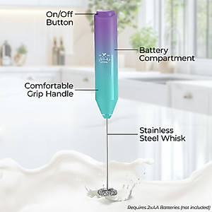 Zulay Kitchen Powerful Milk Frother Wand - Mini Milk Frother Handheld Stainless Steel - Battery Operated Drink Mixer for Coffee, Lattes, Cappuccino, Matcha - Froth Mate Milk Frother Gift - Aurora