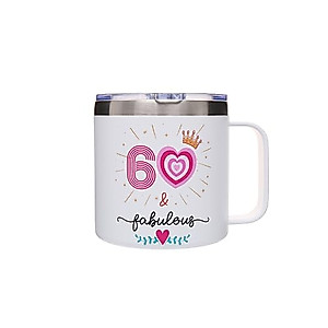 60Th Birthday 14 Oz Tumbler For Women, 60 And Fabulous Cup, 1965 Birthday Decorations - Sixty Years Old Gifts For Lady, Mom, Aunt, Grandma, Wife - Funny 60-Year-Old Gift & Birthday Decoration