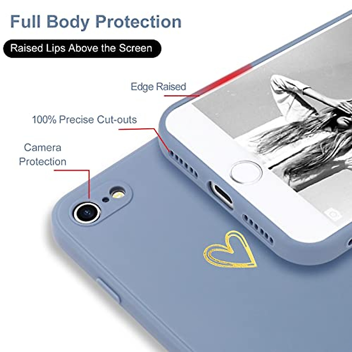 Wirvyuer for iPhone SE Case 2022/2020,iPhone 8 iPhone 7 Case for Girls Women Silky Soft Protective Shockproof Silicone Phone Case with Cute Gold Heart Pattern Design Blue Cover