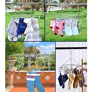 CenYouful 2 Pack Stainless Steel Round Hanging Drying Rack with 20 Clips for Drying Socks, Baby Clothes, Bras, Towel, Underwear, Hat, Scarf, Pants, Gloves