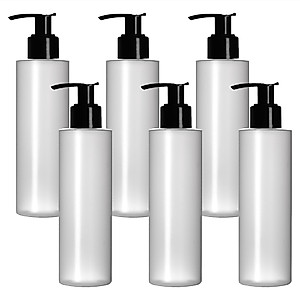 IMPRESA 6 Pack 8 Oz Plastic Pump Dispenser Bottles for Lotion, Massage Oil, Shampoo and More! - Refillable, BPA Free Clear/Frosted Empty 8oz Containers - Fit Into Holsters, Bulk