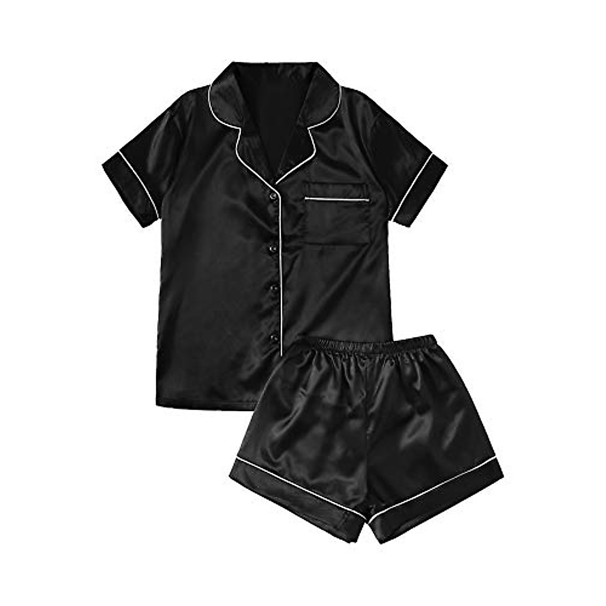 SweatyRocks Women's Short Sleeve Sleepwear Button Down Satin 2 Piece Pajama Set Black Small