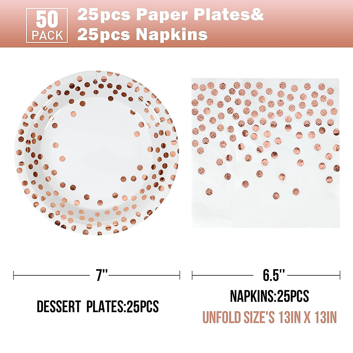 CENLBJ White and Rose Gold Paper Plates and Napkins-50 Pack-25 * 7inch Paper Plates & 25 * 6.5inch Napkins,Party Supplies for Birthdays Receptions and All Occasions