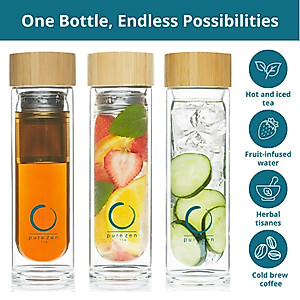 Pure Zen Tea Infuser Bottle - Insulated Glass Bottle for Loose Leaf Tea - Tea Tumbler with Infuser - Portable Travel Mug for Infused Water - Tea Diffuser Thermos on the Go - 15 oz