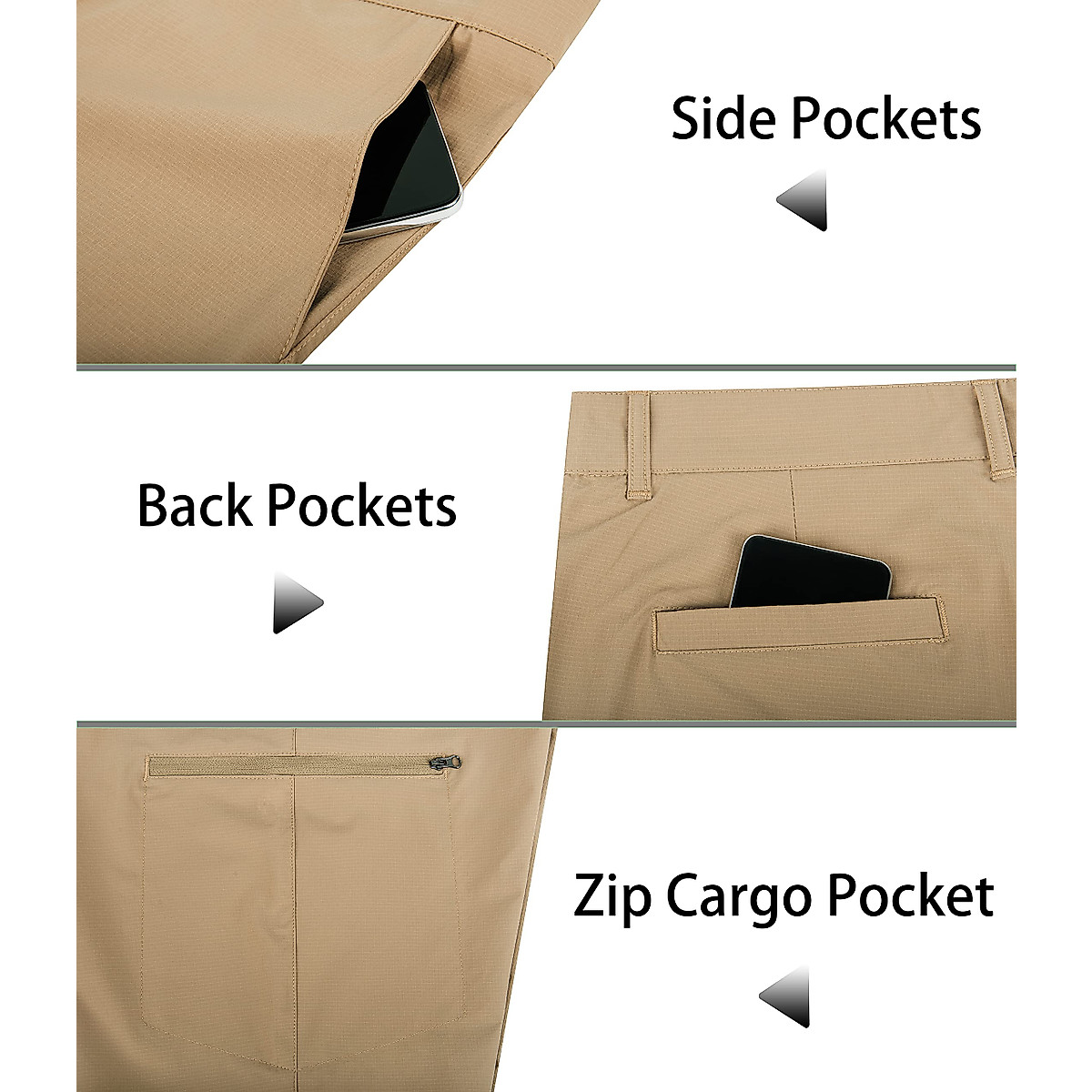 Derminpro Men's Classic Fit Stretch Nylon Waterproof Golf Shorts with Zip Pockets Khaki XX-Large