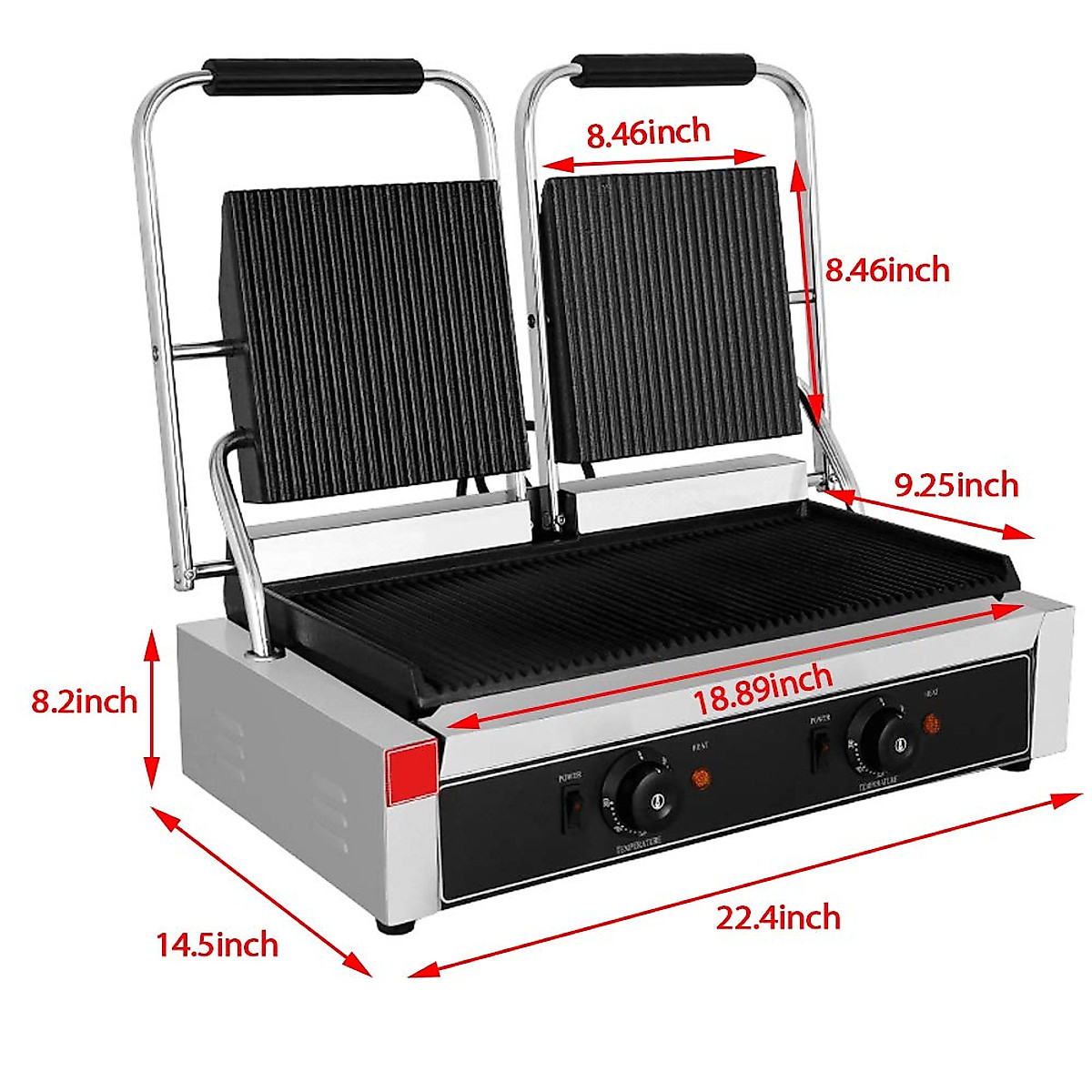 ZXMOTO Commercial Panini Press Sandwich Maker 110V Electric Stainless Steel Sandwich Maker Toaster No-stick Panini Maker with Dual Temperature Control for Hamburgers Sandwich Steaks, 122-572℉