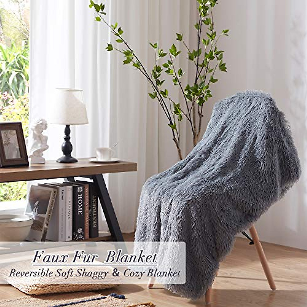 NexHome Soft Shaggy Faux Fur Blanket Throw Blanket 50" x 60", Solid Reversible Fluffy Cozy Comfy Microfiber Long Faux Fur Decorative Blankets for Sofa Couch Bed Chair Photo Props,Light Gray