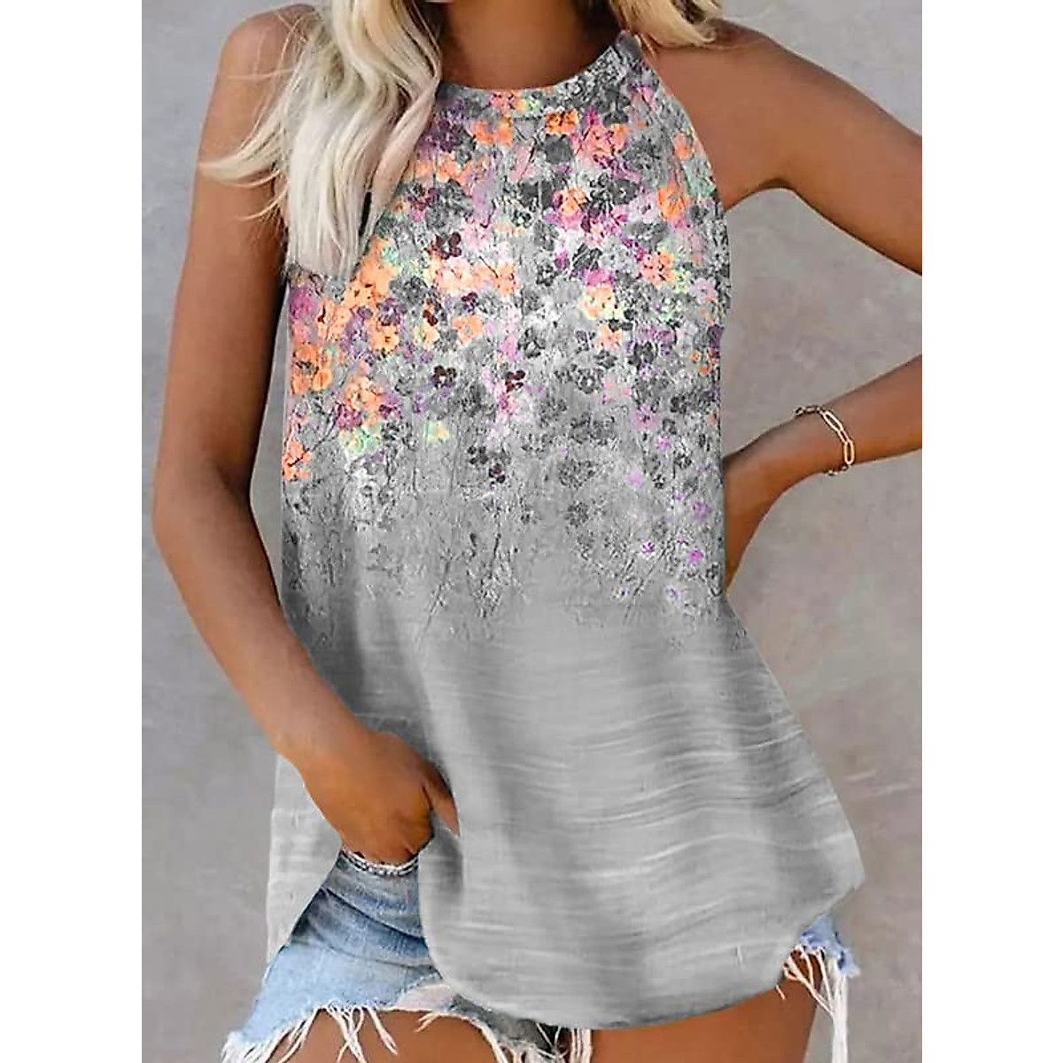 Dokotoo Women's Summer 2023 Sleeveless Halter Neck Tie Dye Floral Print Tank Top - Grey, Large