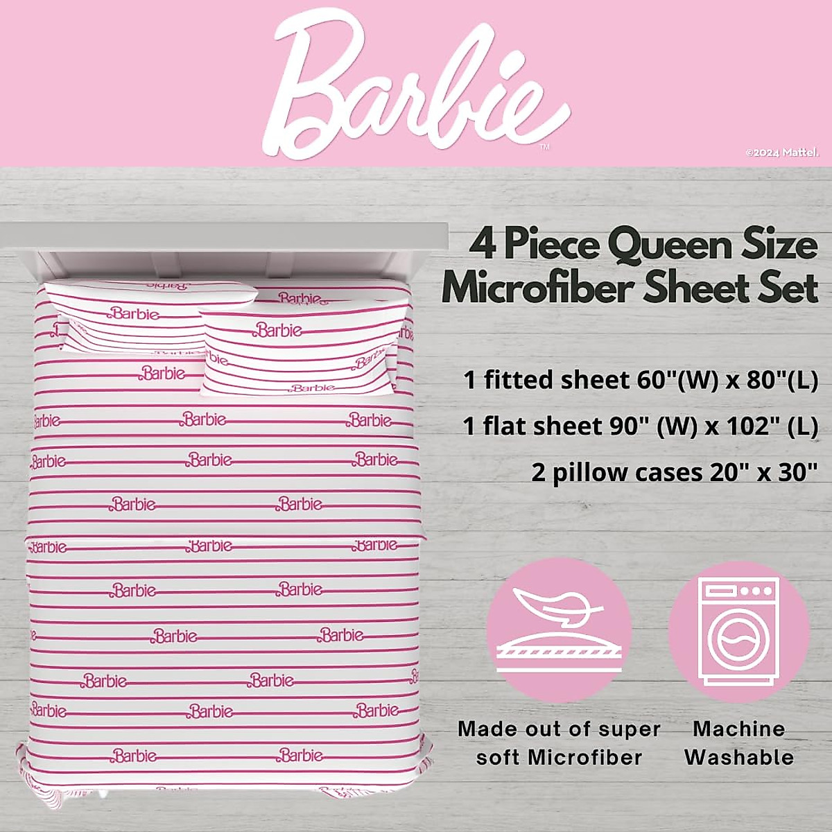 Franco Collectibles Barbie Logos Bedding Super Soft Cozy Microfiber 4 Piece Queen Sheet Set, (Officially Licensed Product)