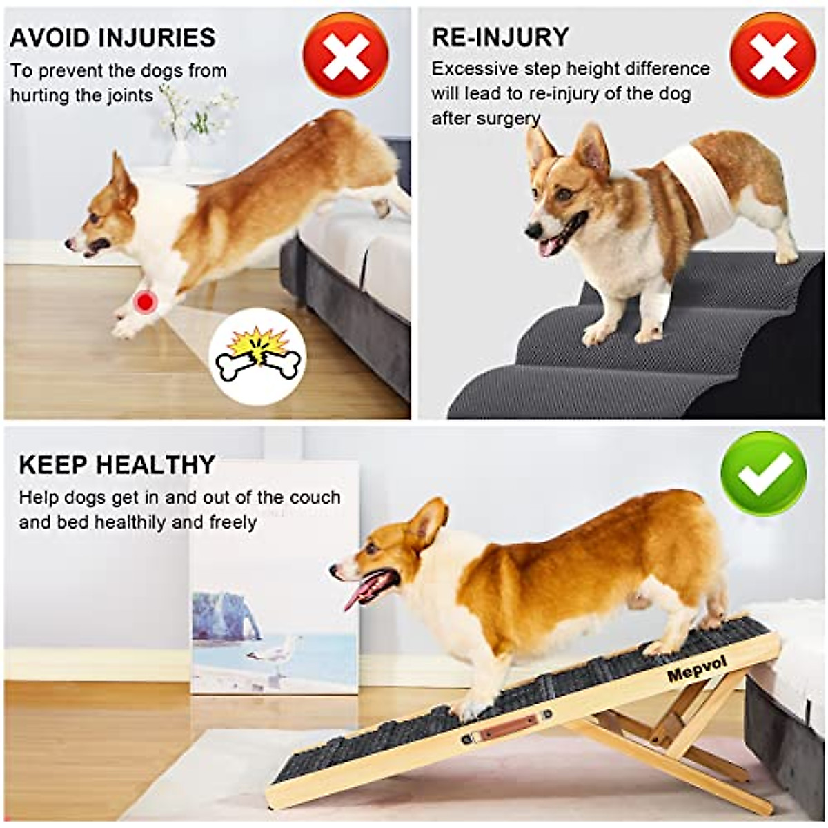 MEPVOL Dog Ramp,Stable Wooden Pet Ramp for Small and Older Animals,43.5" Long Dog Ramps with 8 Steps,Adjustable from 14" to 26", Folding Pet Ramps Great for High Bed Couch and Cars(251Lbs Capacity)