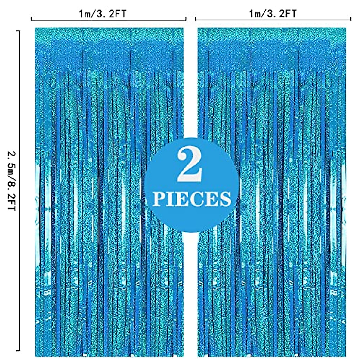 2 Pack 3.2ft x 8.2ft Blue Foil Fringe Curtains Photo Backdrop Party Decorations, Metallic Tinsel Foil Fringe Streamer Curtains for Party Door Wall Curtains Bachelorette Christmas New Year Decorations