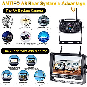 AMTIFO RV Backup Camera Wireless HD 1080P 7'' Split Screen DVR Monitor Bluetooth Trailer Rear View Cam 4 Channel System Truck Camper Infrared Night Vision Adapter for Furrion Pre-Wired RVs A8