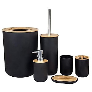 JIANWEI Bathroom Accessories Set, 6 Piece Bath Ensemble Includes Toilet Brush, Soap Dispenser, Waste Bin, Toothbrush Holder, Soap Dish, Cup, Bamboo Decor and Housewarming Gift(Black)