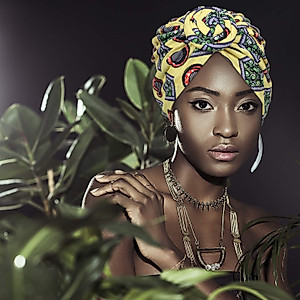 SATINIOR 6 Pieces Women African Turban Flower Knot Pre-Tied Bonnet Beanie Cap Headwrap (Blue Yellow Flower)