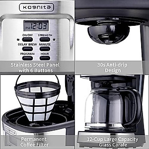 12 Cup Coffee Maker,Programmable Coffee Machine & Ice Tea Maker with Glass Carafe,4-12 Cups Drip Coffee Pot,900W Quick Brew,Auto Keep Warm,Anti-Drip,Brew Strength Control,Small Coffe Maker for Home and Office,Stainless Steel