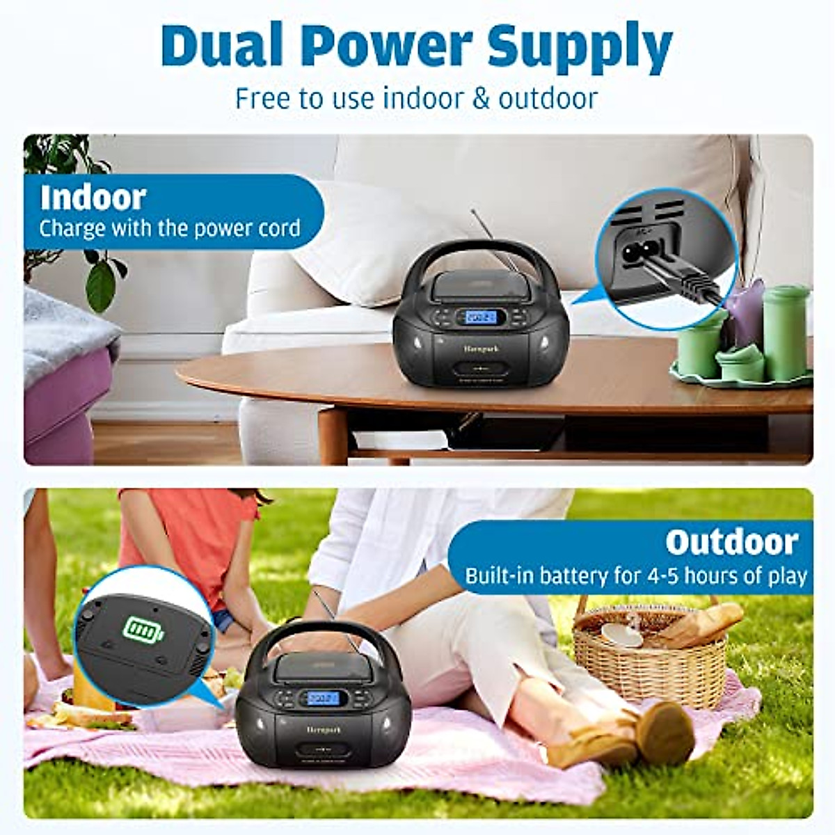 Portable CD Player with Bluetooth, Hernpark Rechargeable Boombox CD Cassette Player Combo with FM Radio Built-in Stereo Sound System/Super Bass/AUX Input/USB Playback/Headphone Jack Output