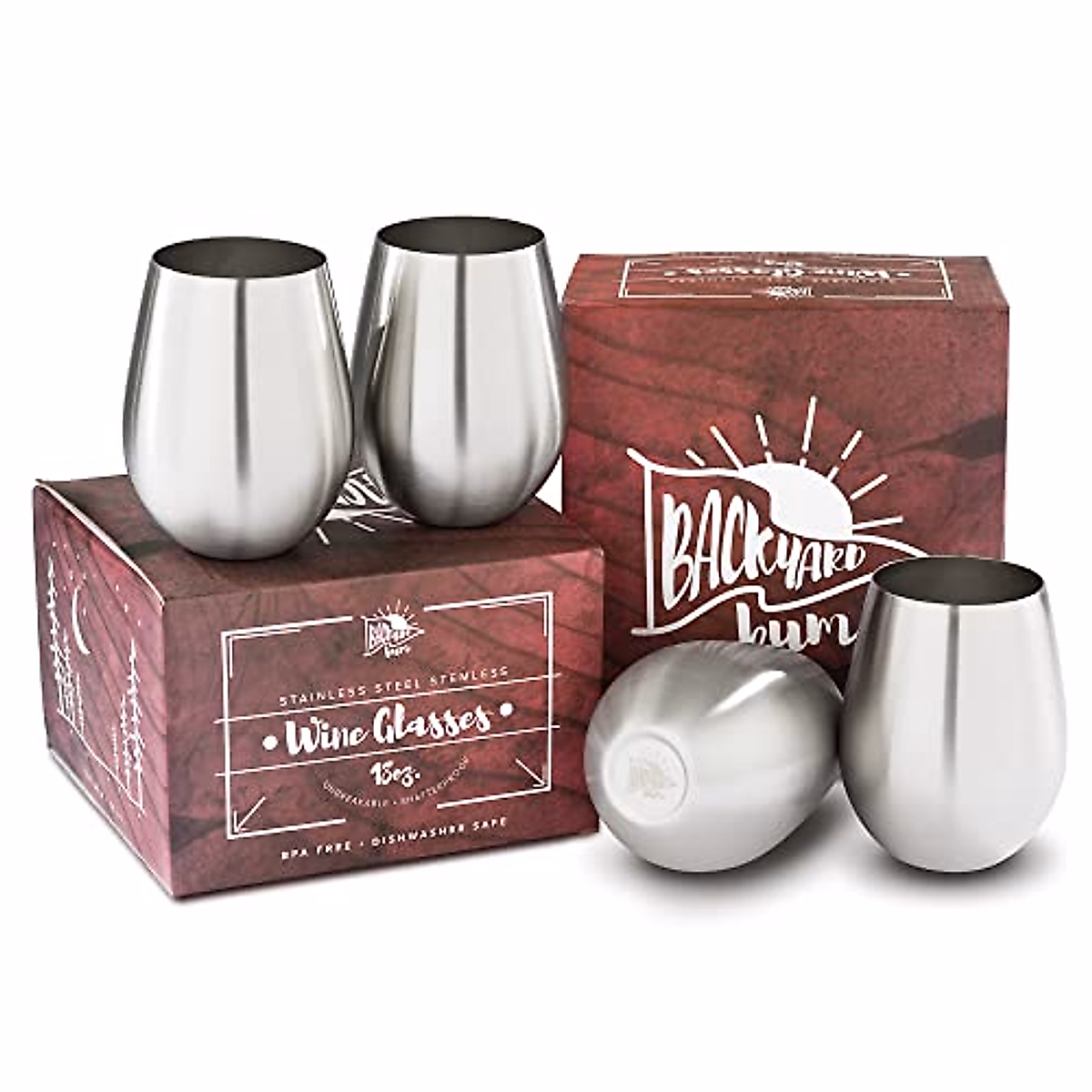 Backyard Bum Premium Solid Stainless Steel Wine Glasses | Set of 4 Large 18 Ounce | Stemless Wine Glasses| Perfect for Entertaining Outdoors