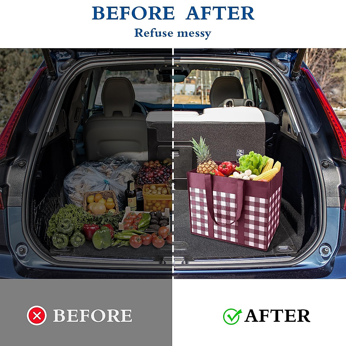 WISELIFE Reusable Grocery Shopping Bags 10 Pack Large Foldable Tote Bags Bulk, Eco Produce Bags with Long Handle for Shopping Groceries Clothes (Plaid C)