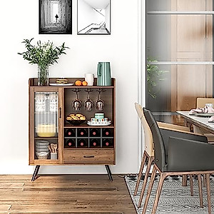 LOKO Wine Bar Cabinet, Farmhouse Coffee Bar Cabinet with Tempered Glass Door, 3-Row Glass Holder & 8-Grid Wine Rack, Buffet Sideboard with Wine Display, Rustic Brown