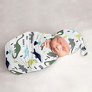 Sweet Jojo Designs Mod Dino Baby Boy Cocoon and Beanie Hat 2pc Set Jersey Stretch Knit Sleeping Bag for Infant Newborn Nursery Sleep Wrap Sack - Blue, Green and Grey Modern Dinosaur