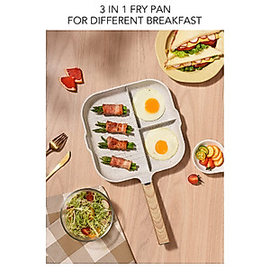 Zerodis 3 in 1 Frying Pan, Aluminum Alloy Partitioned Non Stick 3 Section Divided Breakfast Pan Grill Pan Partitioned Multifunction Kitchen Egg Pan for Breakfast