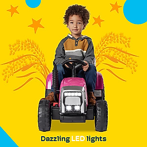 Kidzone 12V 7AH Treaded Tires with Dual 25W Motors Remote Control Battery Powered Electric Tractor with Trailer Toddler Ride On Toy with 3-Gear-Shift 7-LED Lights, MP3 Audio - Pink