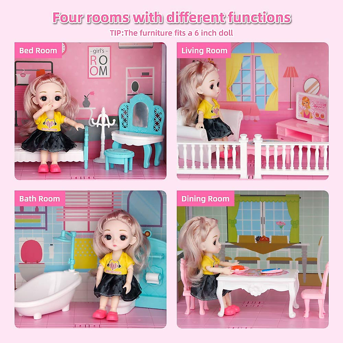 Dollhouse Kit, Doll House Asseccories and Furniture, DIY Pretend Play Building Playset Toys with Doll and Lights, Princess House for Toddlers, Kids Boys & Girls (4 Rooms)