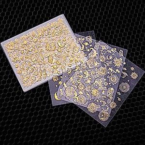 3D Moon Star Nail Stickers,Holographic Nail Decals,Stars Moon Sun Planets Design Laser Gold Nail Art Stickers Self Adhesive Sticker Nail Art Decorations Women DIY Nail Accessories,6 Sheets/Set