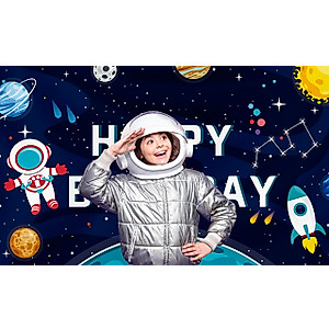 Space Party Backdrop - Outer Space Rocket Astronaut Theme Studio Background Banner Decorations Photography Supplies for Birthday Party - Funny Photo Booth Backdrops - 70.8 x 43.3 Inch
