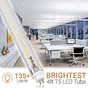 4ft 24W T5 High Output LED Tube Light, 45.75", F54T5 Equal, 5000K (Cool White), Clear Lens, 3500 lm, G5 Mini Base, 100-277V, Ballast Bypass, Dual-End Powered, LED Shop Light, UL-Listed (24-Pack)