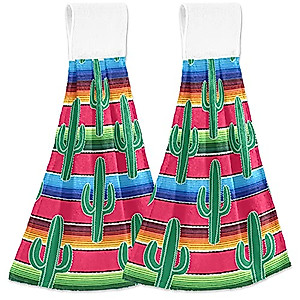 visesunny Hanging Tie Towels 2 Pack Kitchen Hand Towels Dishcloths Sets with Loop Green Cactus Mexican Blanket Stripe Soft Cotton Absorbent Hand Towels for Bathroom Restaurant Hotel BBQ Machine Washab