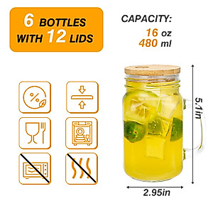 Moretoes 16oz Mason Jar Cups, Glass Cups with Lids and Straws, Iced Coffee Cups with Handle, Drinking Glass for Smoothie, Milk, Juice Set of 6
