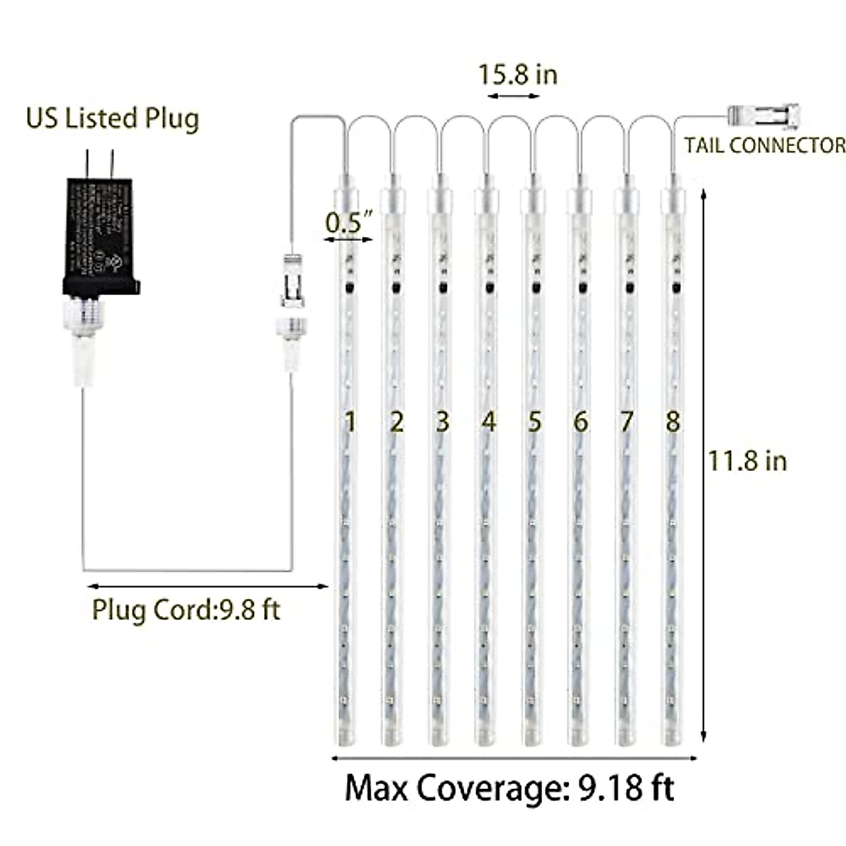 Meteor Shower Rain Light, 8 Tubes 192 Led 30cm Waterfall Raindrop Icicle Christmas Light Outdoor, Waterproof Plug in String Light for Xmas Holiday Party Wedding Valentine Day - Multicolor