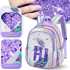 WAWSAM Mermaid Kids Backpack - Sparkly Sequins Backpack for Girls Purple School Bag Personalized 15” Backpack for School Elementary Travel Casual Book Bag for Christmas Birthday Back to School Gift
