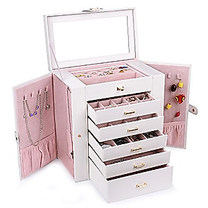Kendal Huge Jewelry Box Jewelry Case with 6 Tier 5 Drawers Large Storage Capacity with Mirror Jewelry Storage Organizer Great Gift Also Good For Watches LJC-SHD5CM(White)