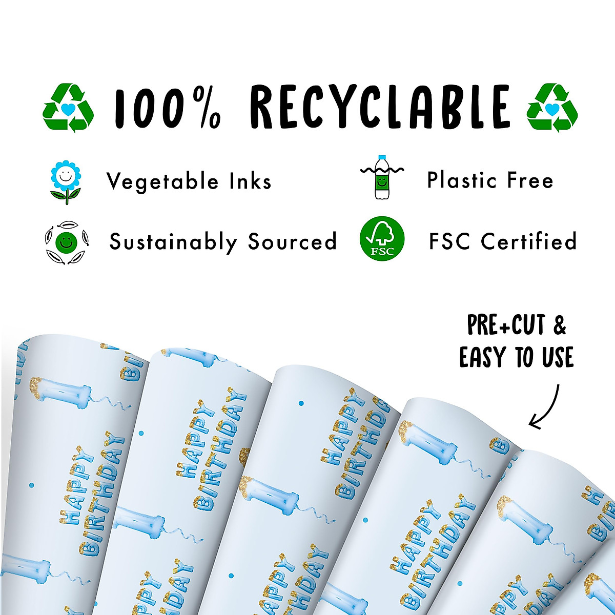 CENTRAL 23 1st Birthday Wrapping Paper Boy - 6 Sheets Blue Wrapping Paper - Happy Birthday Wrapping Paper - Comes With Stickers - Recyclable