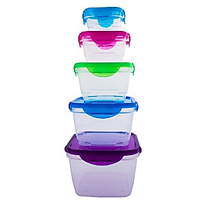 Imperial Home 10 Pc Food Storage Set, Plastic Containers for Food, Airtight Lock Lids, Reusable, Microwave, Refrigerator, & Freezer Safe, 100% Leak Proof, BPA-Free, Stain Resistant, Multicolor Square